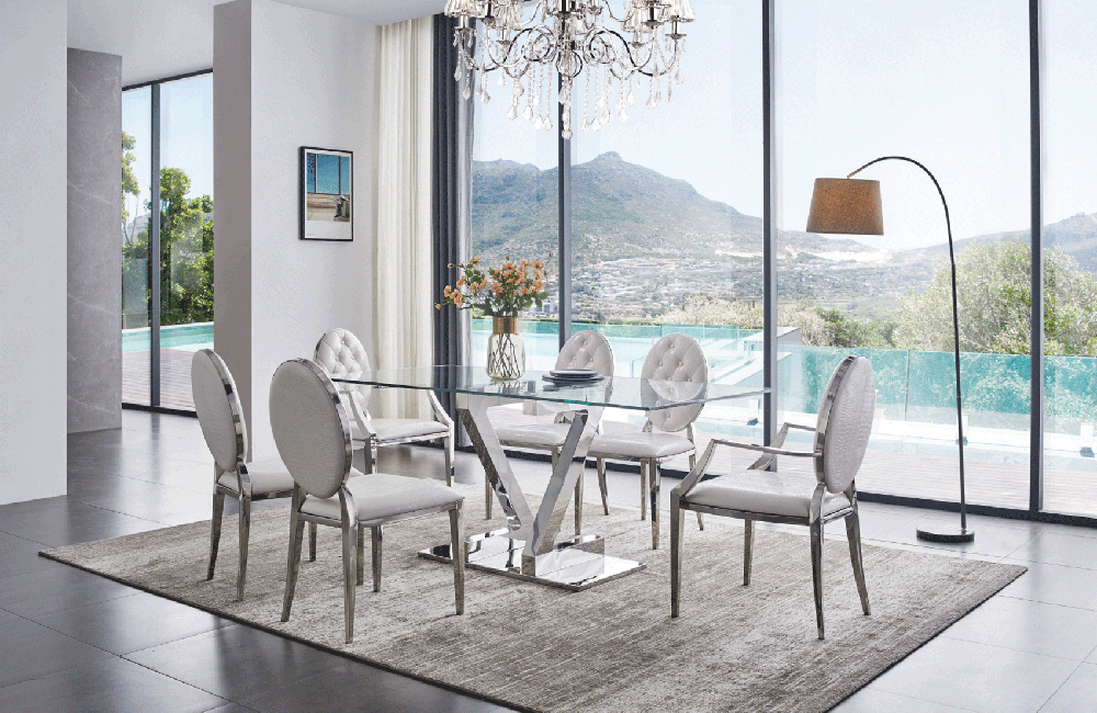 Zarra Dining Table with 110 White Chairs – Modern Europa Furniture